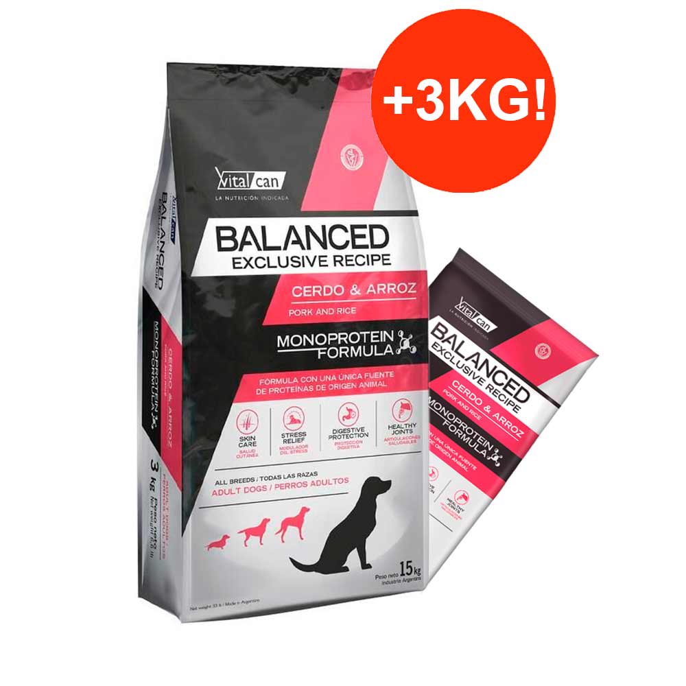 Balanced Perro Adulto Cerdo y Arroz 15kg + 3kg GRATIS